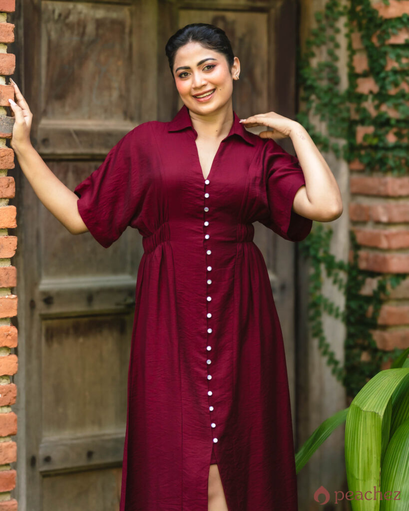 Button front elastic waist long dress – Peachez