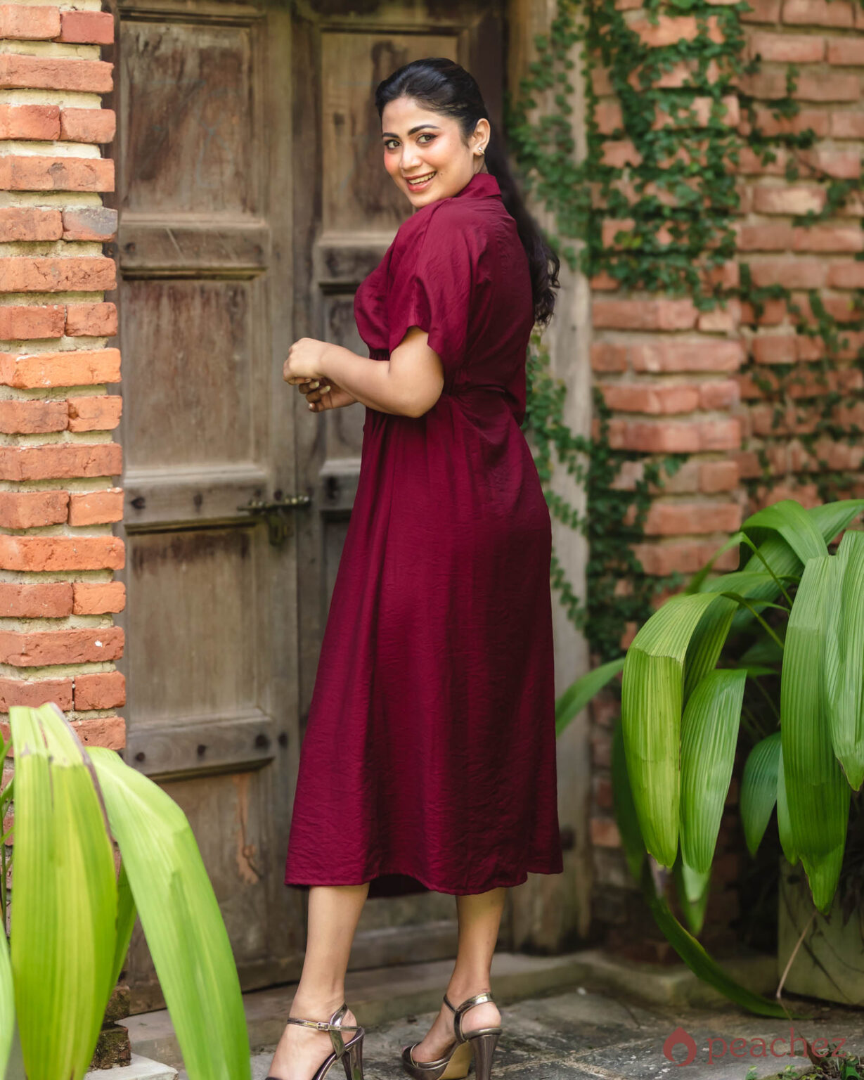Button front elastic waist long dress – Peachez