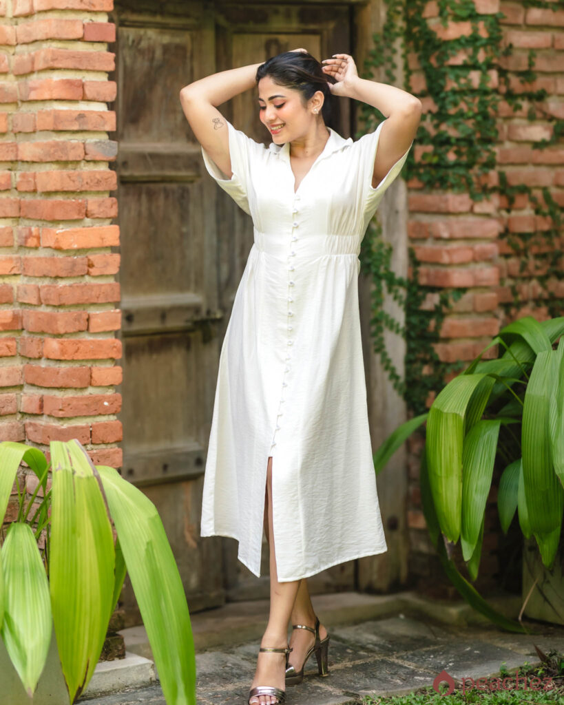 Button front elastic waist long dress – Peachez